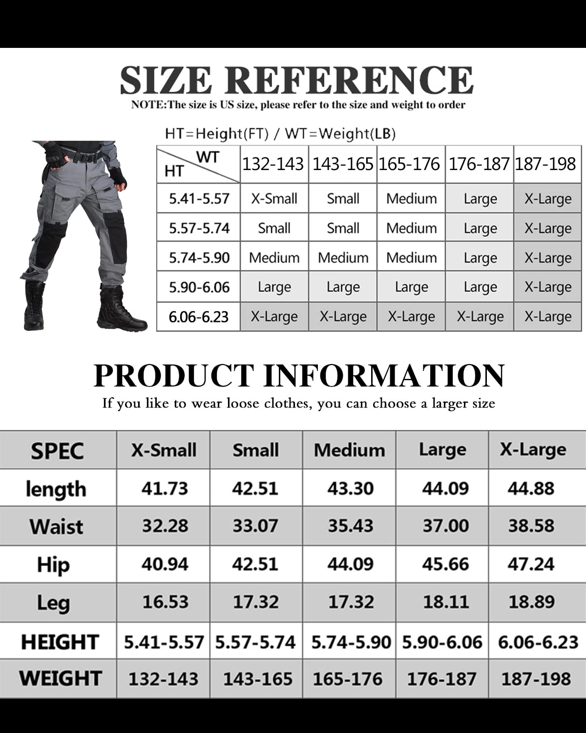 HAN·WILD Men's Combat Pants Tactical Military Pant with Knee Pads Airsoft Hiking Trousers Gray