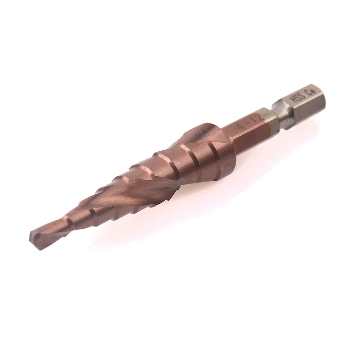 LWCUSNJ Cobalt Step Drill Bit, M35 5% HSS Co, Spiral Flutes and 1/4 Inch Hex Shank, Unibit Step Bit for Hole Drilling in Metal, Copper, Aluminum, Wood, Plastic (4-12mm,1pc)