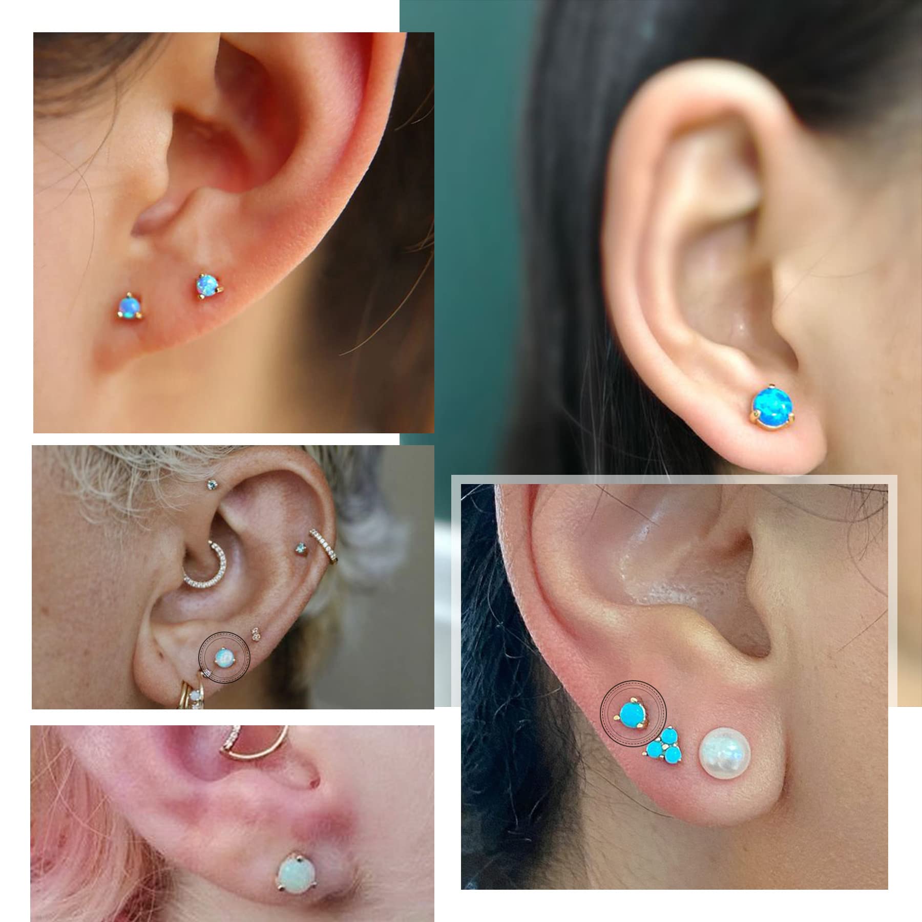 Jewseen 14K Gold Top Push in Threadless Cartilage Earring Opal Flat Back Stud Earring Nose Studs Labret Monroe Lip Piercing Jewelry G23 Titanium Helix Stud Tragus Earring Cartilage Piercing Jewelry