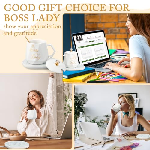 Hushee Lady Coffee Mug Warmer for Women 13.5 Oz Cup Warmer with Mug Set Electric Tea Water Warmer Appreciation Cup Heater with Lid Spoon and Coaster for Desk Office Home Birthday Gifts (White)