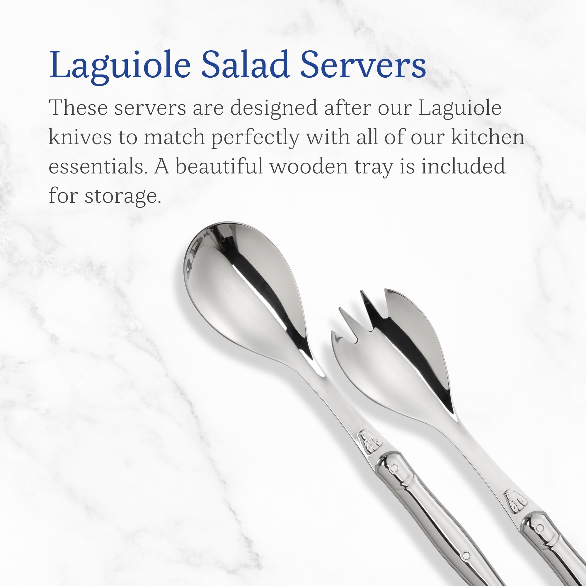 Jean Dubost Salad Servers, Stainless Steel Handles - Rust-Resistant Stainless Steel - Includes Wooden Tray - Made in France