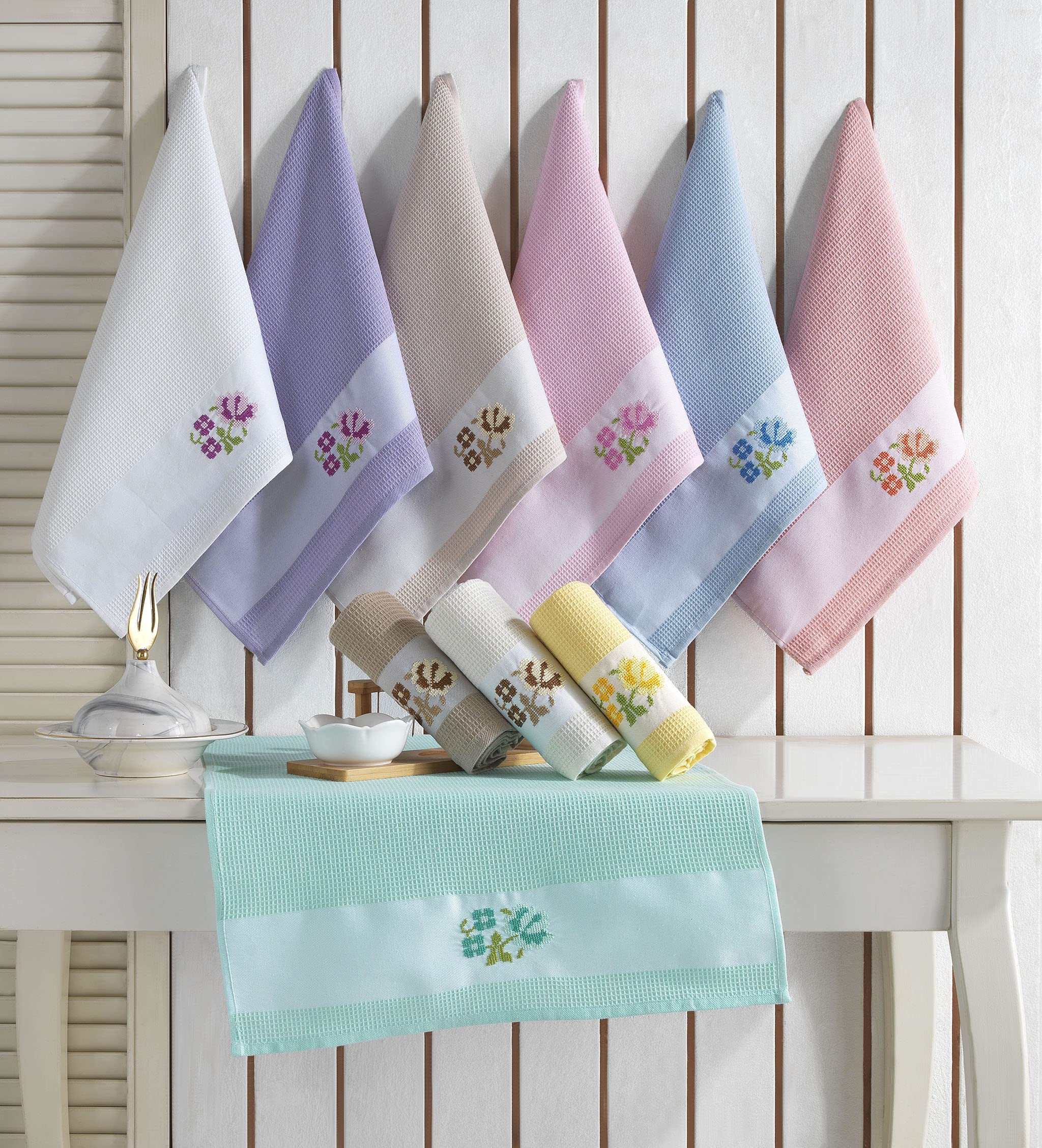 Kafthan - Dish Towels Set - Turkish Cotton Fast Dry Absorbent Kitchen Towels - Waffle Weave - Multicolor Soft Cleaning Towels - Reusable - Home and Kitchen - 18”x28” (Thrive(Floral), 10)