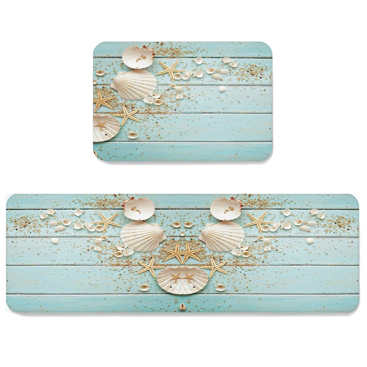 Kitchen Rug Set 2 Pieces Beach Cushioned Kitchen Floor Mats Comfort Soft Standing Doormat, Non Slip Rugs and Runner Coastal Seashell Starfish Blue Wood Board