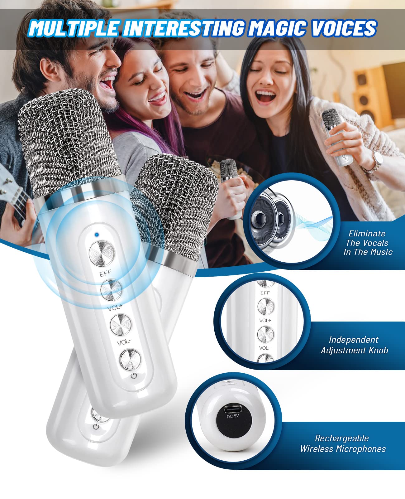 JIEFOCH Karaoke Machine with 2 Microphones for Adults and Kids,PA Speaker System with Disco Light for Kids (White)