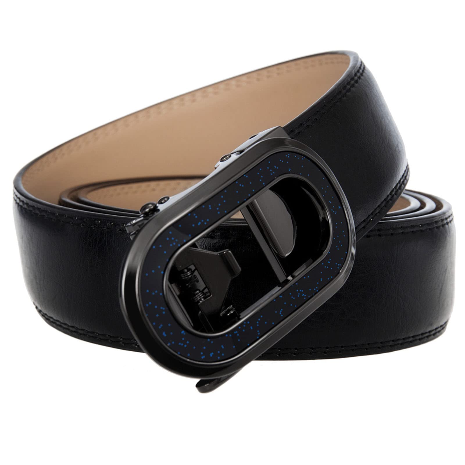 jasboo Men's Genuine Leather Adjustable Belts, Slide Trim Ratchet with Automatic Elegant Metal Buckles for Casual Pants (Black & Night Sky)