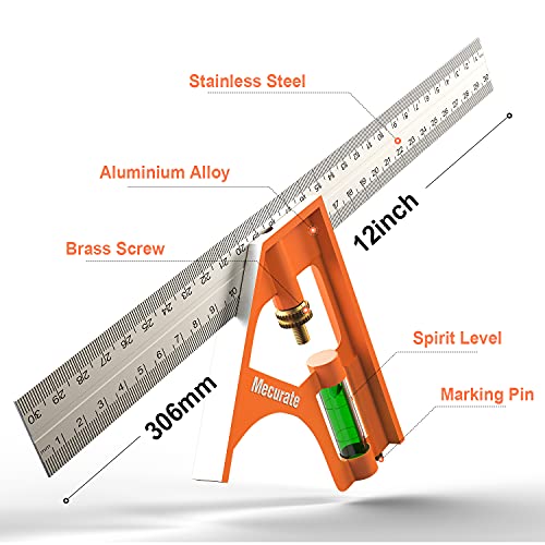 Mecurate 12β Combination Square, 12 Inch 300mm Stainless Steel Combo Square for Accurate and Adjustable Woodworking Measurement with 2pcs Carpentery Pencils (12 inch)