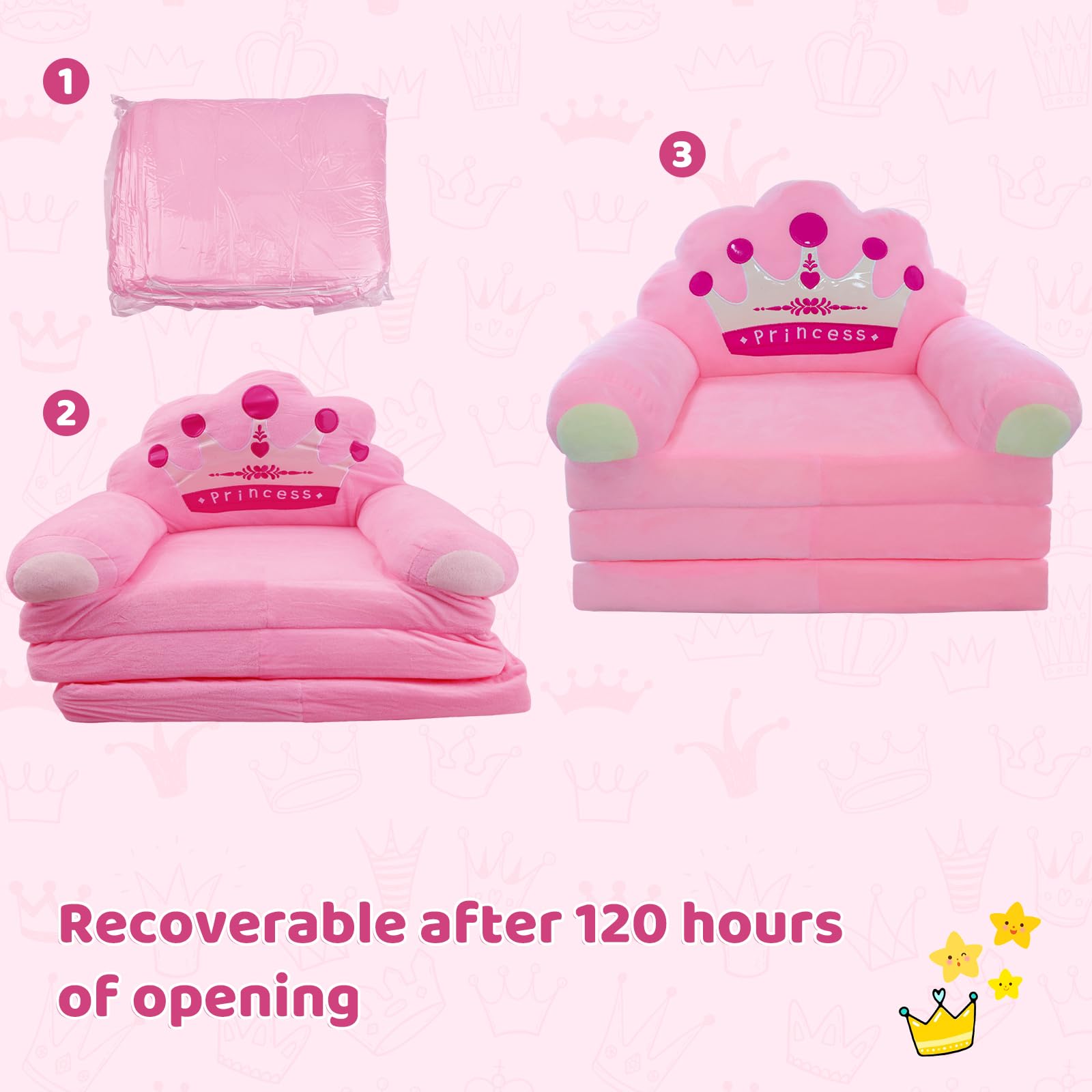 PLYFOU Kids Fold Out Couch, Couch for Toddlers 1-3, 2-in-1 Foldable Princess Chair for Toddlers, Mini Couch for Kids Reading and Napping, Idea for Girls, Pink