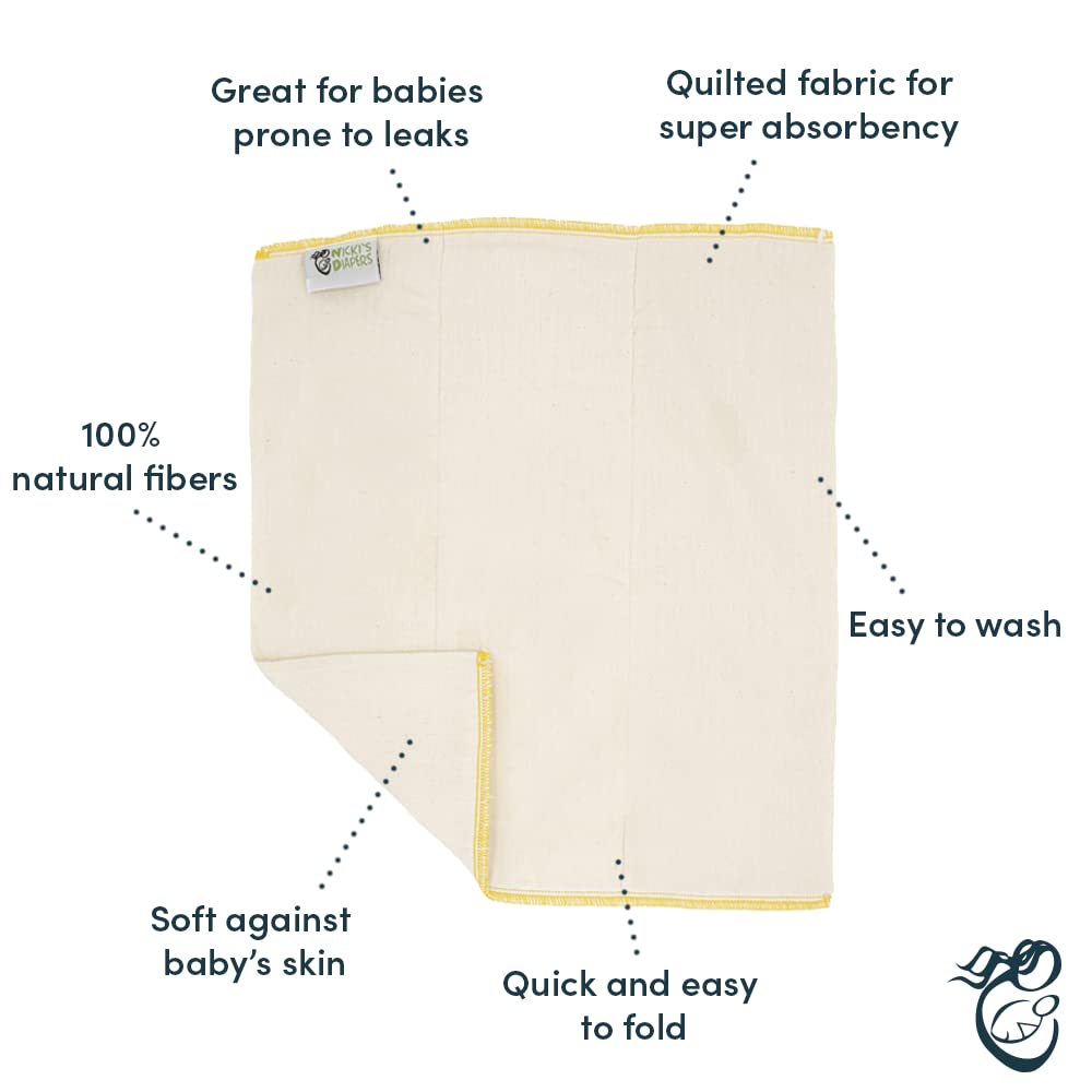 Nicki's Diapers Unbleached Cotton Prefold Cloth Diapers (6 Count) | Reusable Cloth Diaper Inserts for Preemie, Newborn, Infant, & Toddler | Quilted Super Absorbent Fabric Made w/ 100% Natural Fibers
