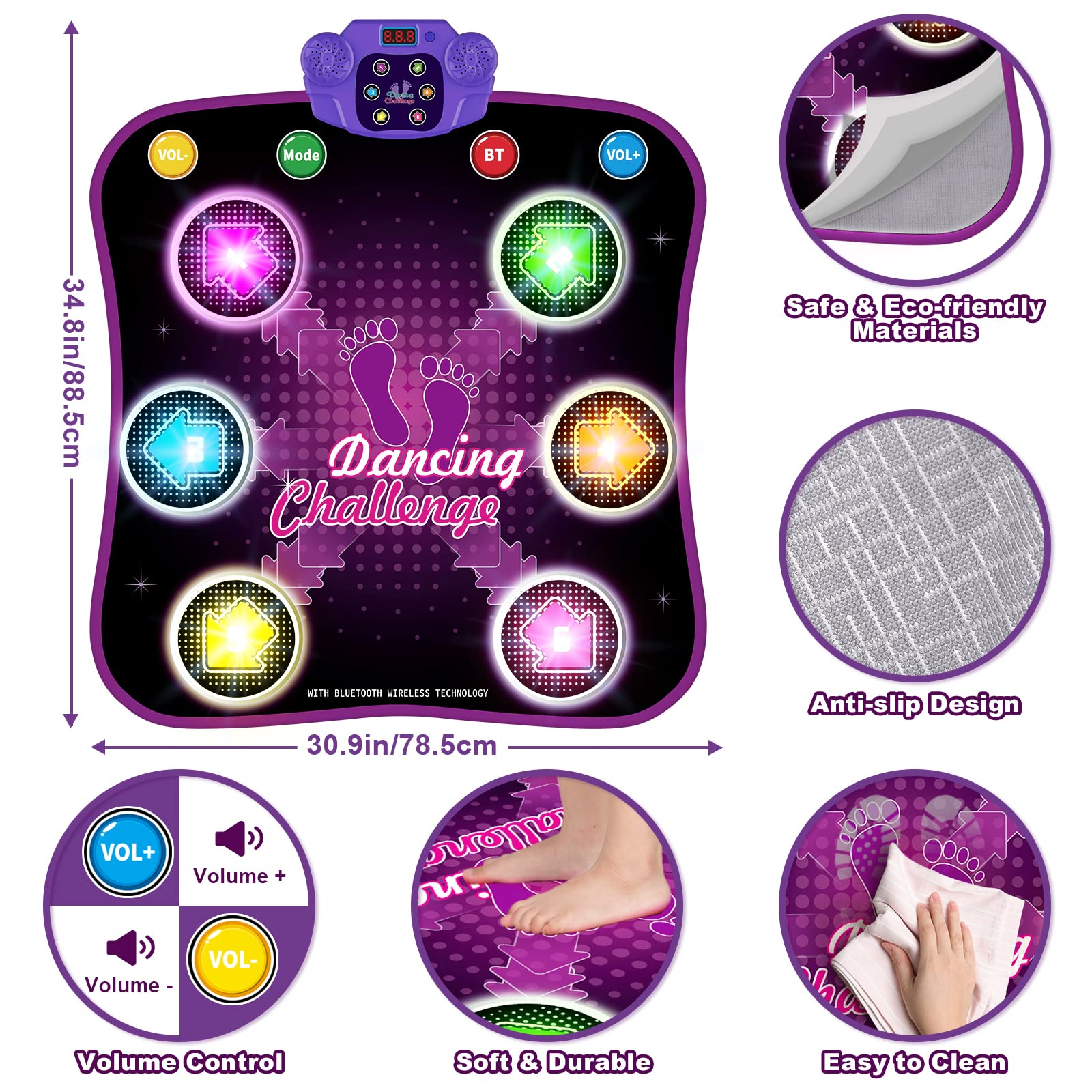 Jugana Kids Dance Mat Toys, Electronic Music Dance Pad with Light Up 6-Button & Wireless Bluetooth, Dance Game Toys for 3-12 Year Old Kids Girls Boys