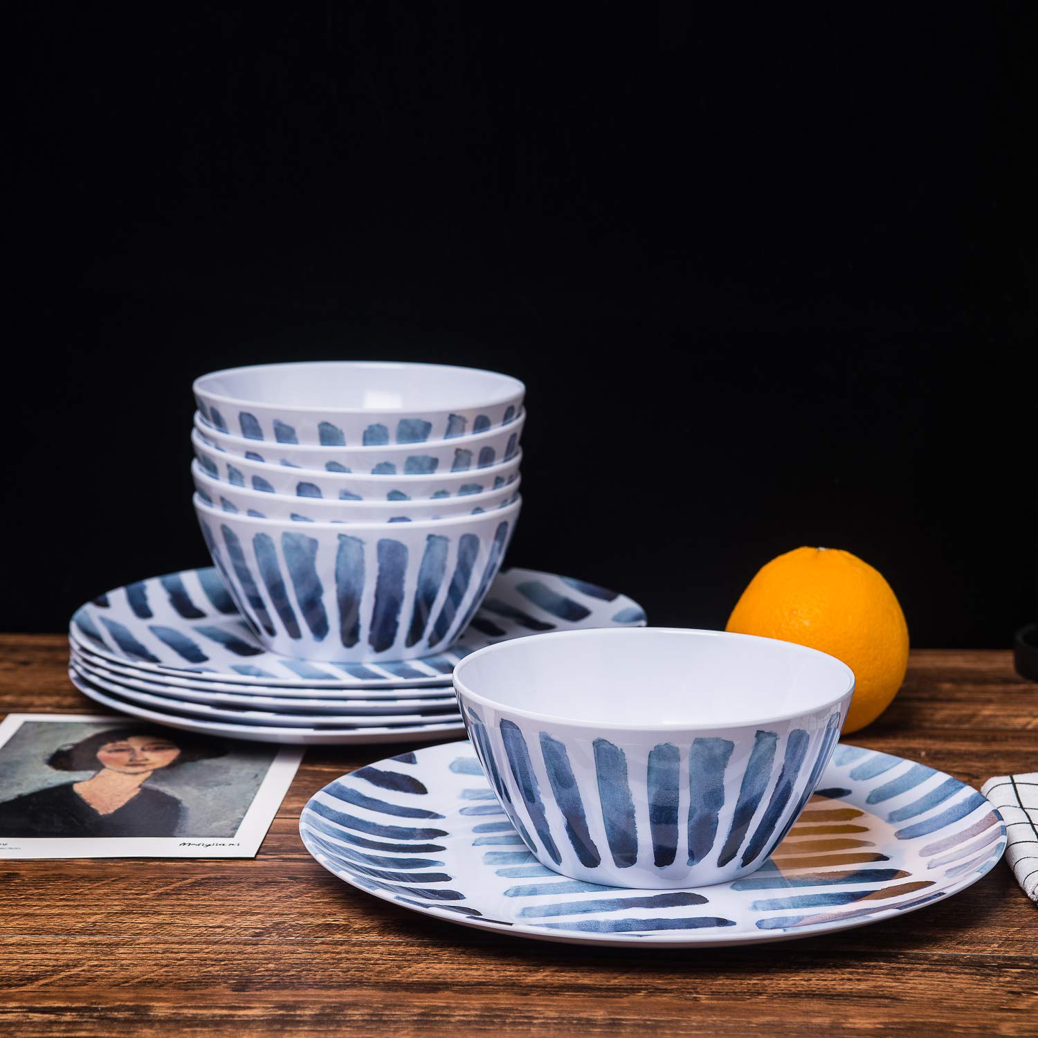 KX-WARE Blue Stripe Melamine Bowls, 6-inch 100% Melamine Cereal/Soup/Salad Bowls, set of 6
