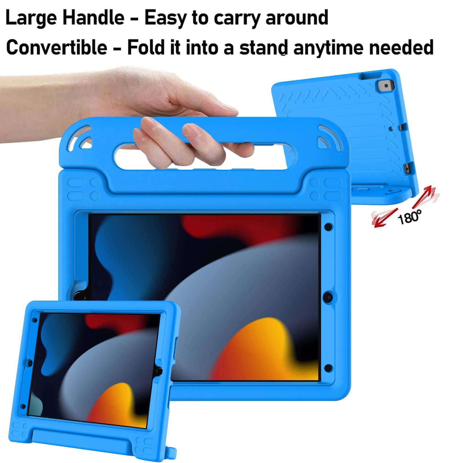 LTROP Case for 9th/8th/7th Generation 2021/2020/2019 with Built-in Screen Protector, Shockproof Convertible Handle Stand Case for iPad 9/8/7 Gen, Blue