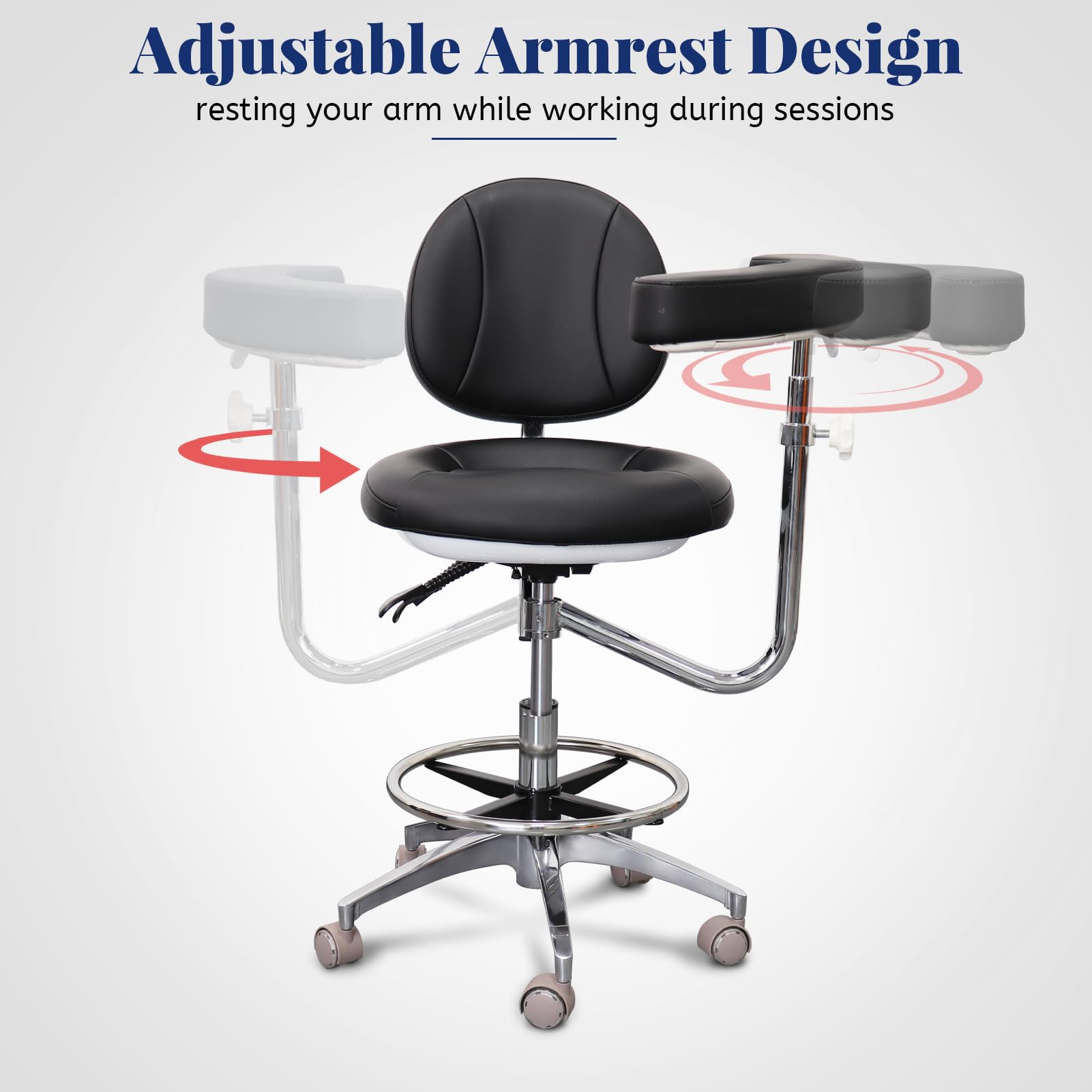 LIMKOMES Dental Assistant Chair Microfiber with Rotatable Armrest Rolling Medical Chair Ergonomic Swivel Seating Back Support Dentist Stool for Clinics, Dental Offices, Labs-Black, Standard