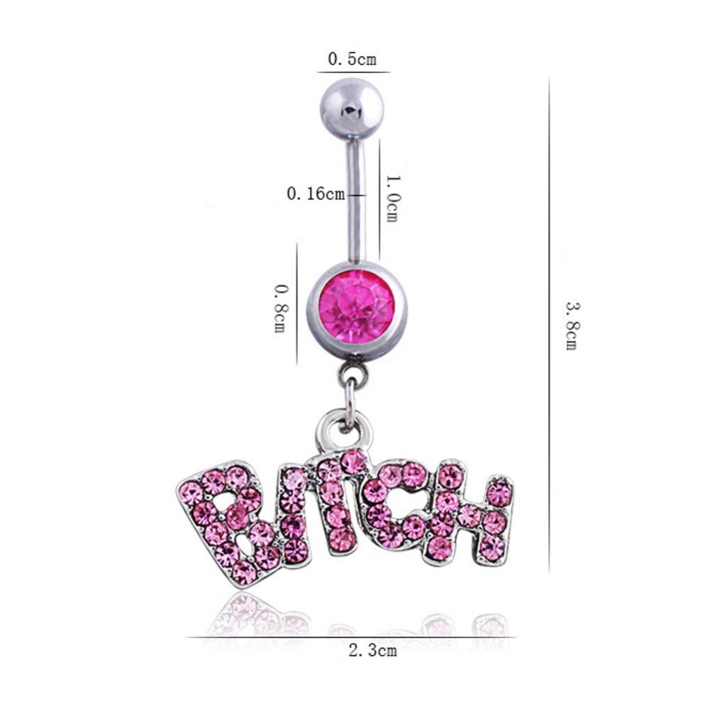 HEKEUOR Bitch Gem Belly Ring 316L Surgical Steel Dangle Navel Ring Black Pink (Pink)