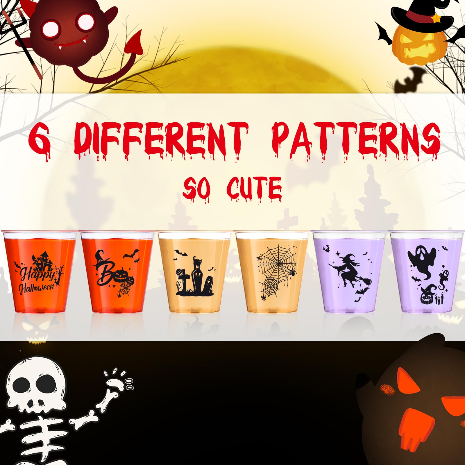 Roshtia 120 Pieces Halloween Plastic Shot Glasses Disposable Cups 2oz Pumpkin Ghost Witch Bat Printed Plastic Cups for Halloween Party Supplies Beverage Ice Cream Snacks Candy Favors, 6 Styles
