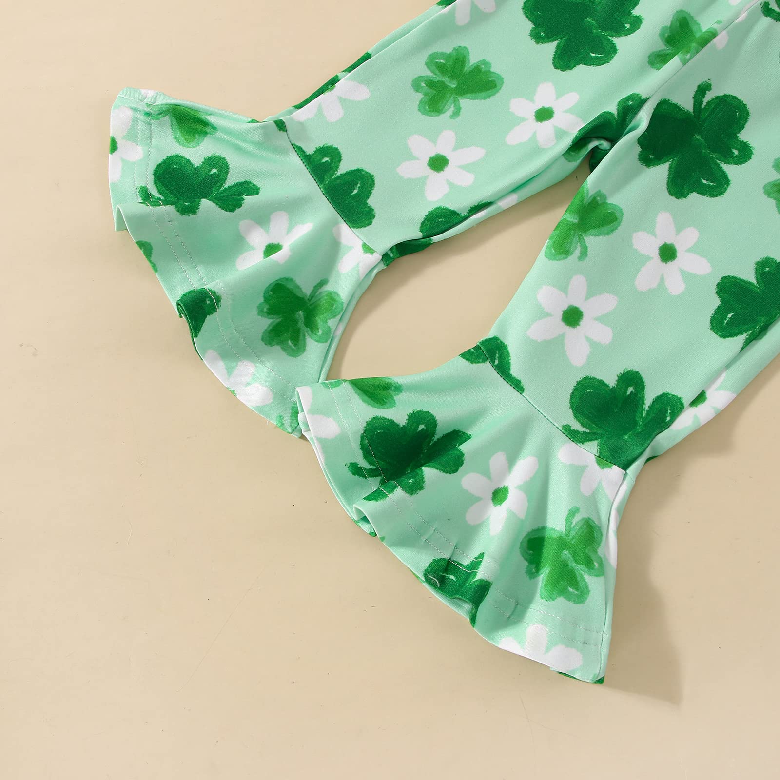My First St. Patrick's Day Baby Girl Outfit Green Long Sleeve Romper Four Leaf Clover Flared Pants Headband Set (Green, 0-3 Months)