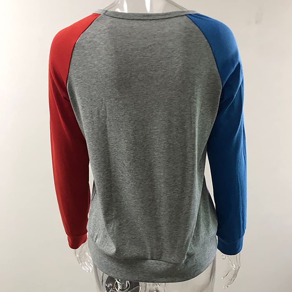 Janepam Womens Tops Shirt Sweatshirt Plus Size Playing Baseball Heart Color Block Xmas Christmas Pattern Graphic Print Loose Blouse(D Playing Gray,XL)
