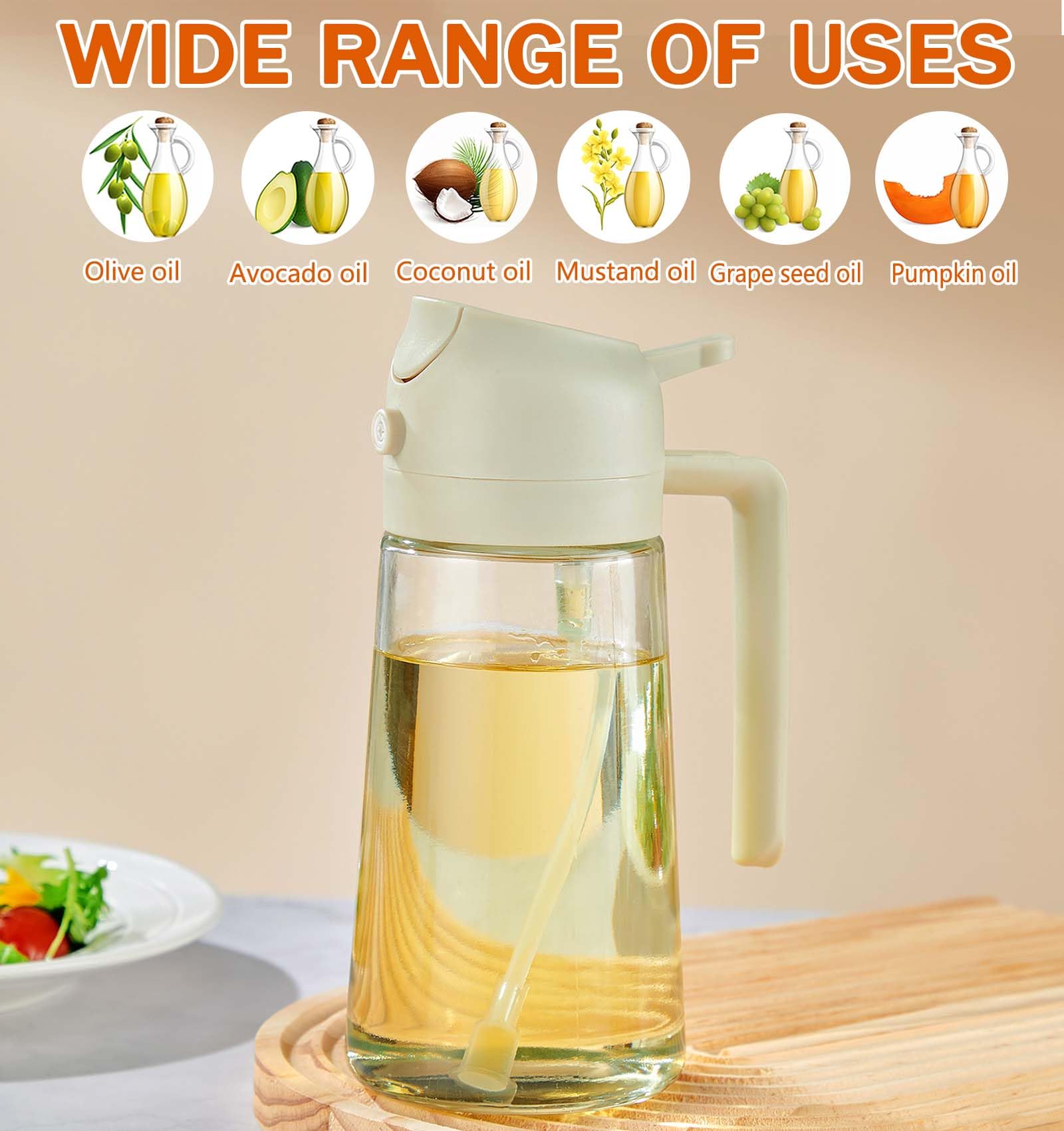 JULEHUI Oil Dispenser Bottle for Kitchen - 16oz Olive Oil Sprayer for Cooking - Food Grade Refillable Glass Oil Spray
