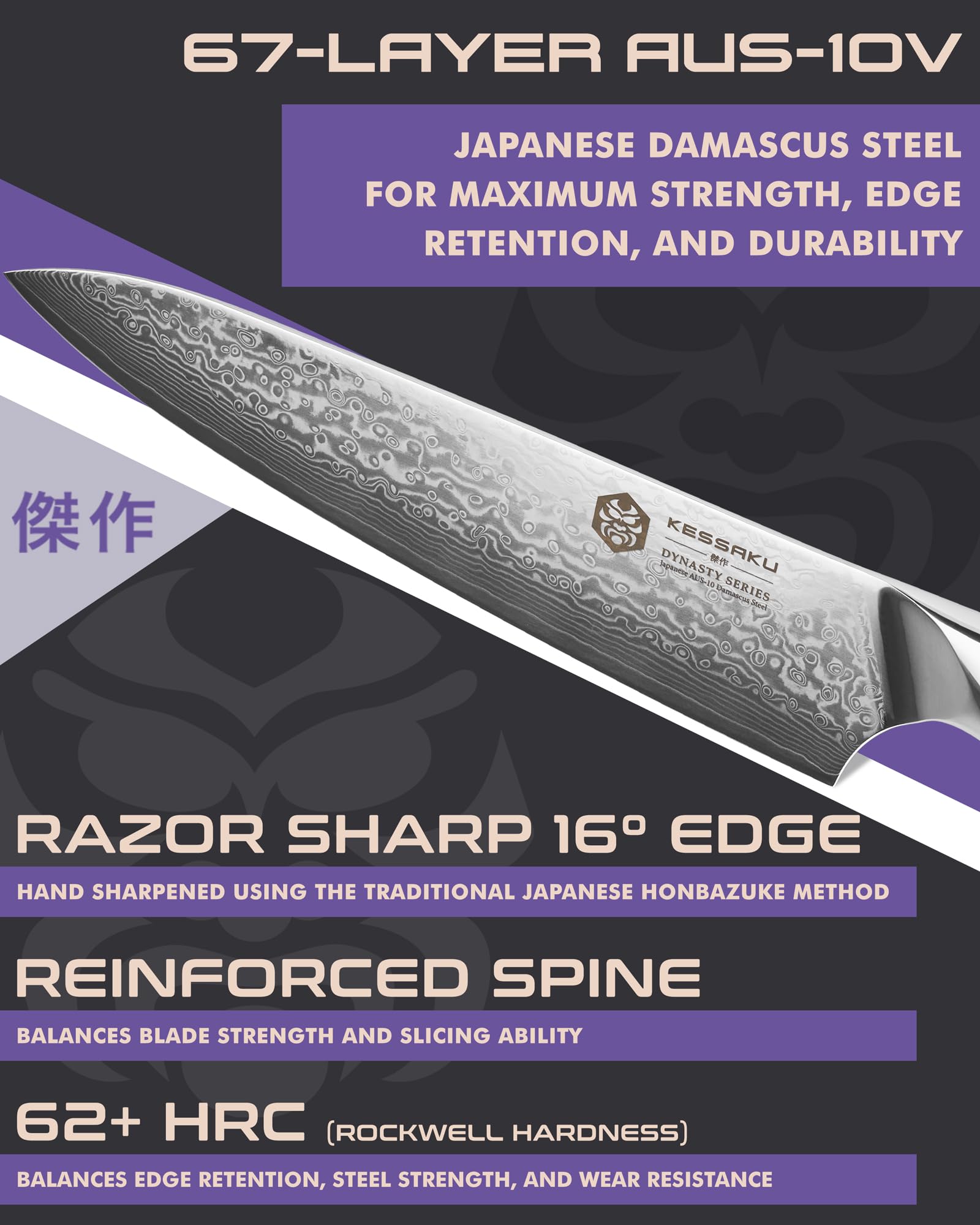 KESSAKU Chef Knife - 8 inch - Damascus Dynasty Series - Razor Sharp Kitchen Knife - Forged 67-Layer Japanese AUS-10V High Carbon Stainless Steel - G10 Garolite Handle with Blade Guard