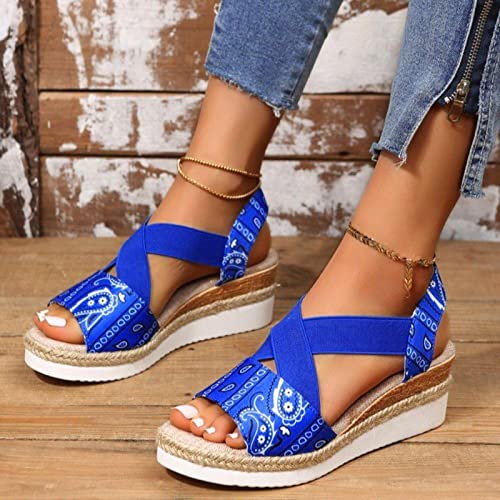 Ladies Fashion Cashew Flower Fabric Elastic Wedge Wedge Platform Fish Clear Heel Sandals for Women Size 11