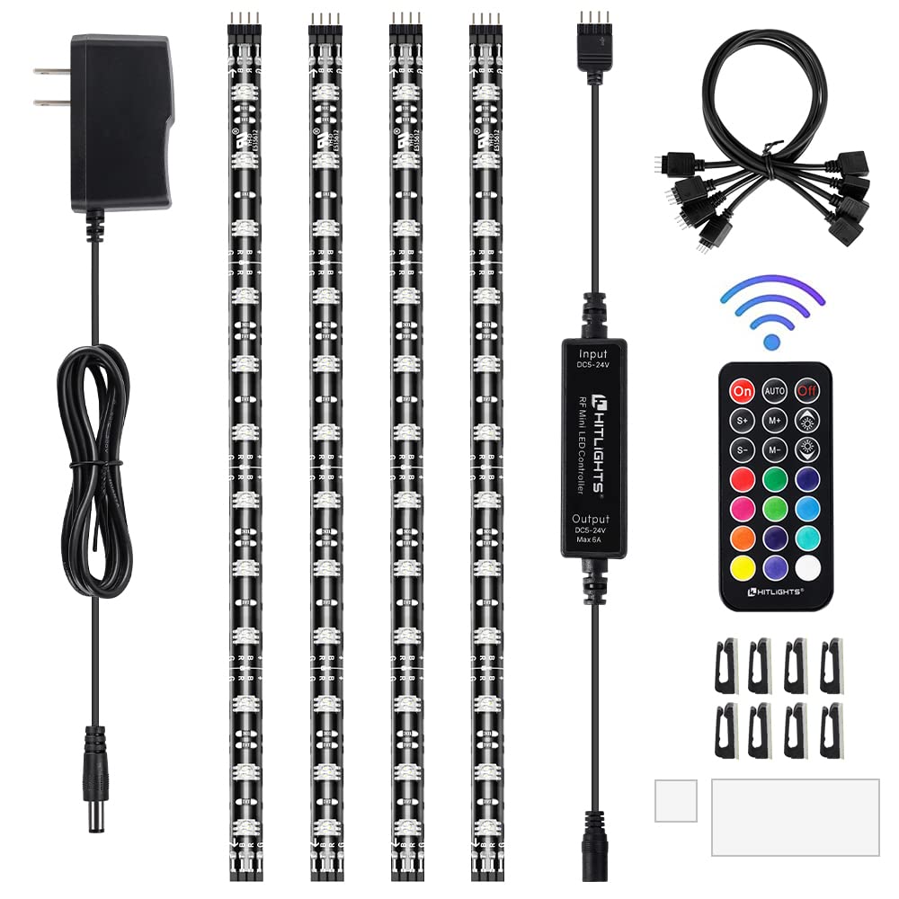 HitLights LED Strip Lights, 4 Pre-Cut Waterproof RGB Small LED Light Strip Kit Dimmable Color Changing SMD 5050 LED Tape Light with RF Remote, UL-Listed Power Supply and Connectors for TV Bedroom Home