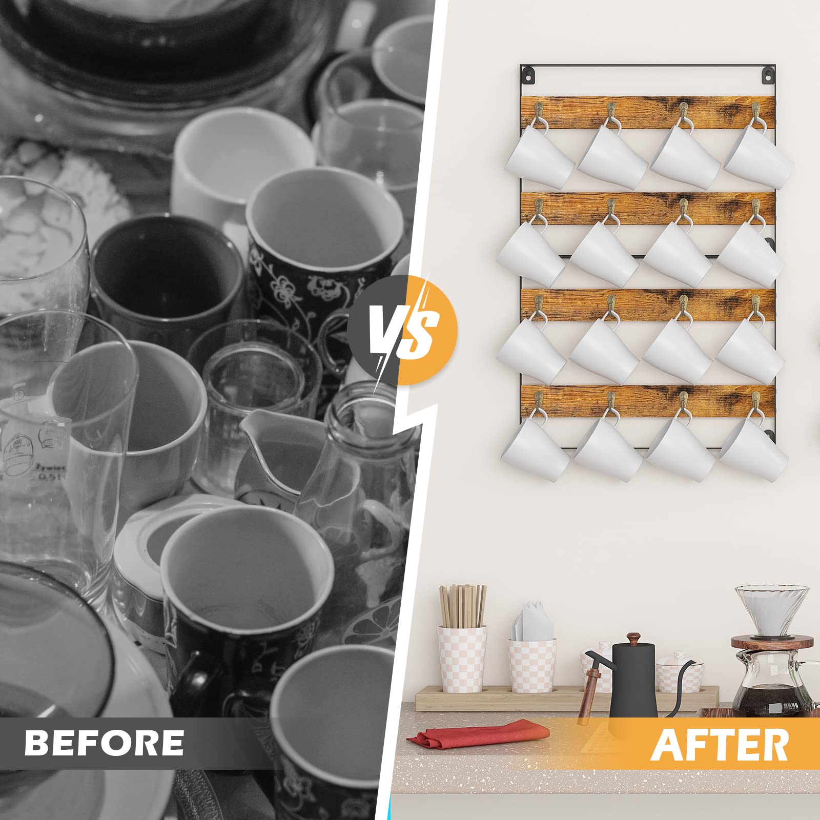 Huxitocan Mug Racks for Wall, Coffee Mug Holder Wall Mount Up to Hold 24 Mugs, Coffee Mug Rack Wall Mounted(3Pack) for Kitchen, Home, Coffee Bar, Rustic Wood and Iron