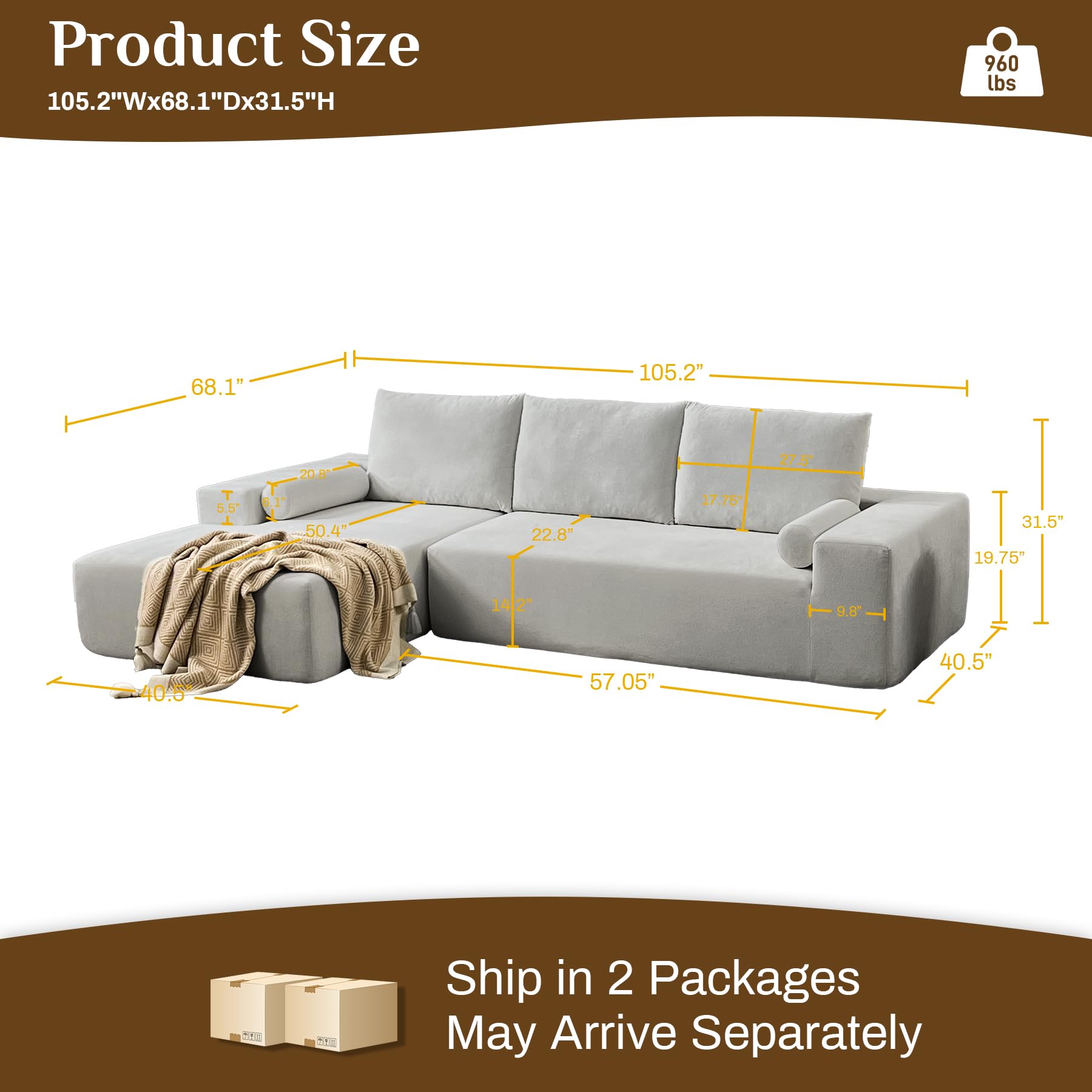 OUYESSIR L-Shape Modular Sectional Sofa Couch Set, 105" Modern Chenille Minimalist Couch, Upholstered Corner Cloud Sofa Sleeper for Living Room, Bedroom, 2 PC Free Combination, Grey