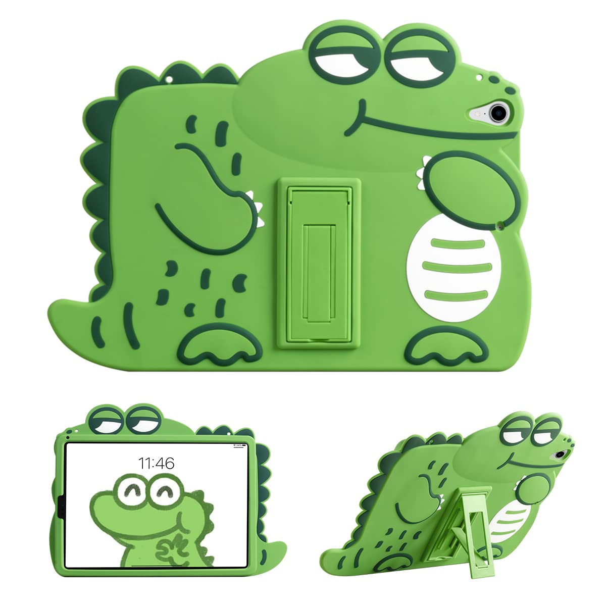 Laetass Cartoon Silicone Child Protective Cover for 2021 iPad Mini 8.3" 6th Gen A2567 A2568 A2569 with Adjustable Stand Cover, Cute Cartoon Little Dinosaur Design Shockproof Silicone Case (Green)