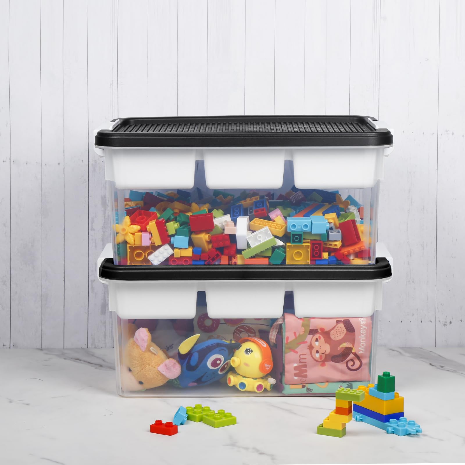 Loobuu 3 Pack Art Craft Storage Organizer Box with Building Baseplate Lid and Removable Tray-17QT Clear Plastic Stackable Container Bin for Organizing Toy/Sewing/Bead/Tool/Playdoh(15.94"x11.61"x7.28")