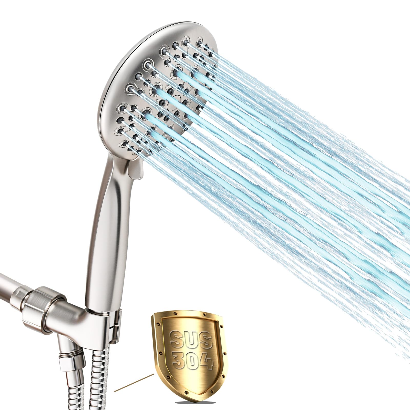 LINPUNG High Pressure Handheld Shower Head with 6 Spray Options, Brushed Stainless Steel, Adjustable Bracket for Bathroom
