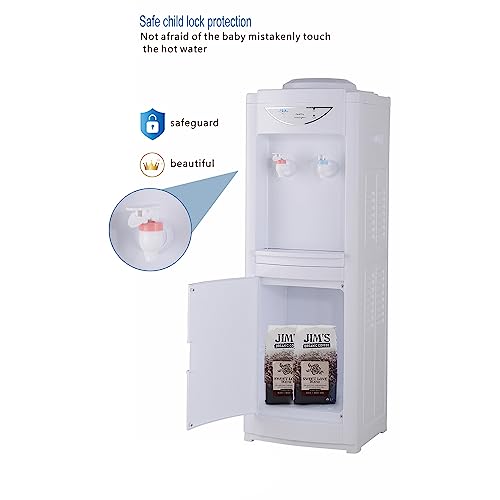 Hot & Cold Water Dispenser,Water Cooler Dispenser 5 Gallon Top-Loading Water Coolers with Child Safety Lock Removable Drip Tray & Storage Cabinet for Home Office (White)