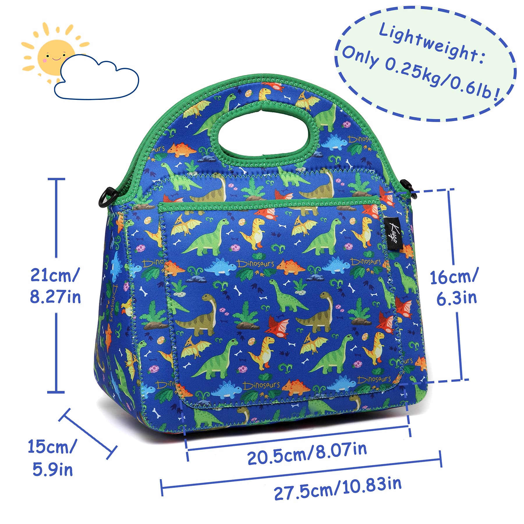 Kasqo Lunch Bag for Kids, Neoprene Insulated Boys Lunch Boxes Childrenās Lunch Tote with Front Pocket and Detachable Adjustable Shoulder Strap in Cute Dinosaur