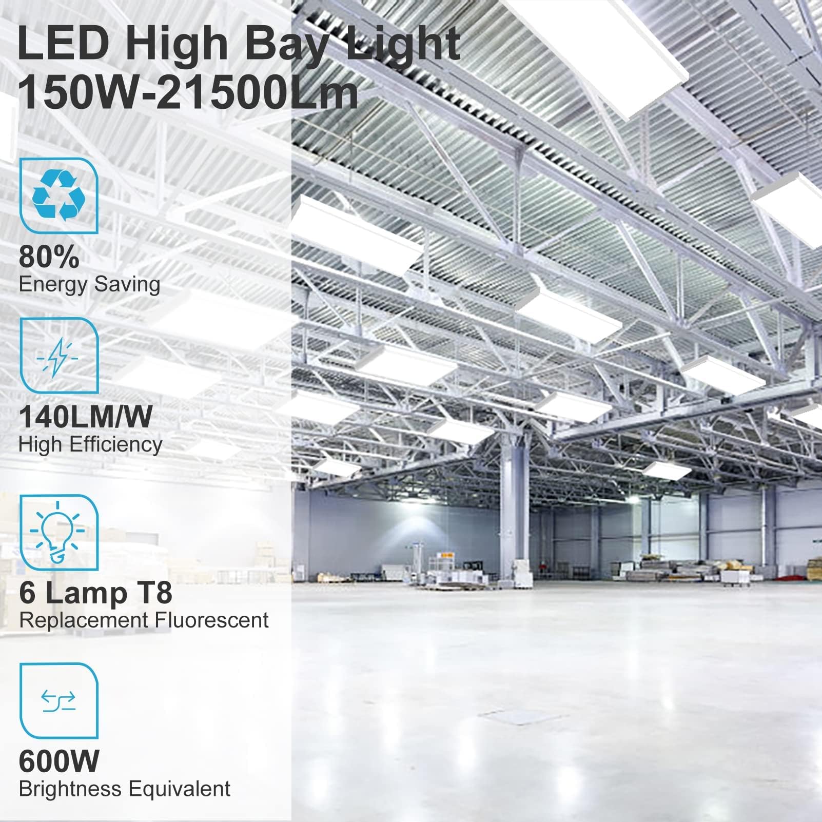 LED High Bay Shop Light, 2FT 150W 21500LM 140LM/W [500W HPS Eqv.] 5000K Daylight Linear Hanging Light for Warehouse Workshop Gyms, 6 Lamp Fluorescent Fixture Replacement 1Pack