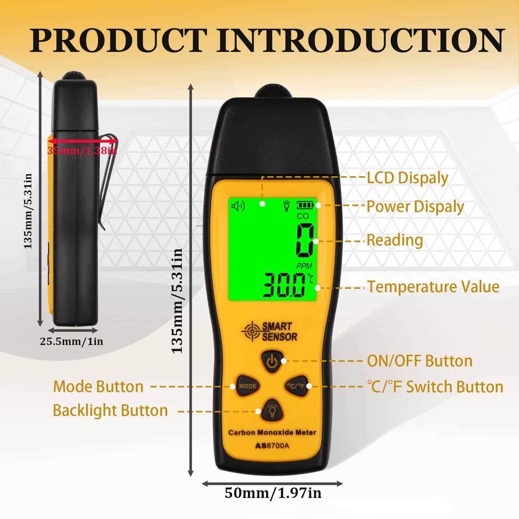 Lunarlipes Carbon Monoxide Detectors, Portable CO Detector with Temperature Sensor & LCD Backlight Screen, Handheld Carbon Monoxide Meter Tester 0-1000PPM Range, Indoor/Oudoor (Includes Battery x3)