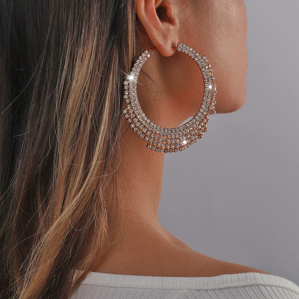 Jumwrit Large Rhinestone Hoop Earrings Big Round Circle Earrings Tassel Chain Dangle Earrings Statement Earrings for Women Girls(Gold)