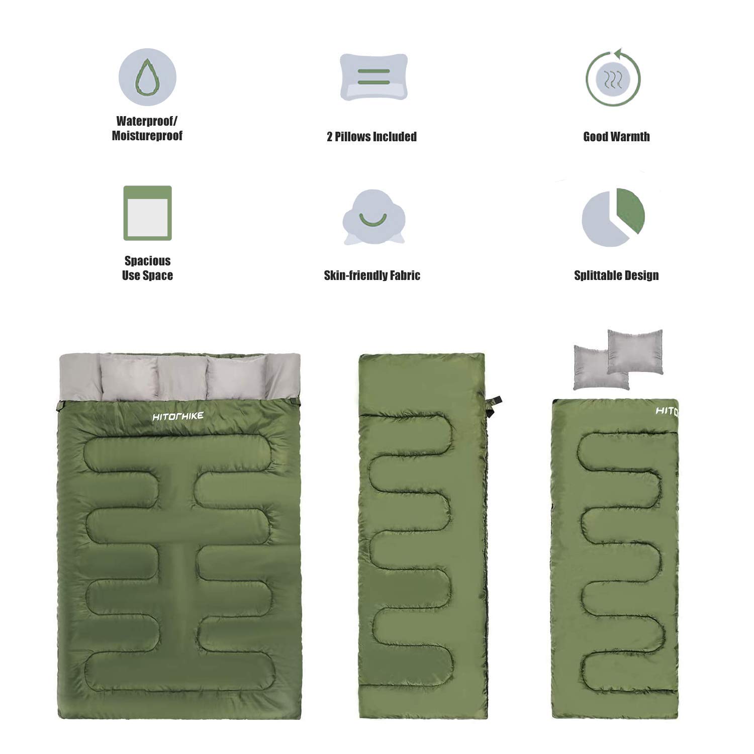 HITORHIKE Double Sleeping Bag for Adults 2 Person Backpacking Sleeping Bag with 2 Pillows 32°F Cold Weather Waterproof Sleeping Bag for Camping, Traveling, Outdoors (Green)