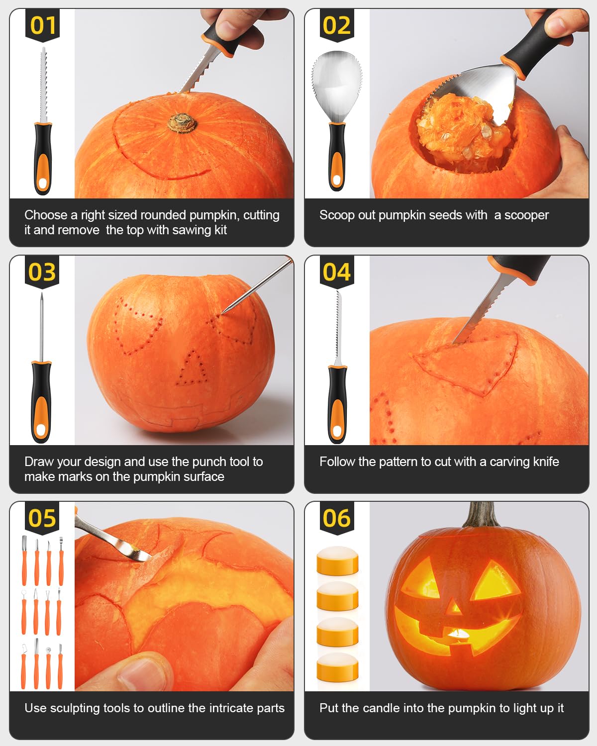 Luditek Pumpkin Carving Kit, 17 PCS Professional Stainless Steel Pumpkin Carving Tools with 4 Electronic Candles Lights and 10 Stencils, Halloween Gifts Jack-O-Lanterns Cutting for Adults Kids