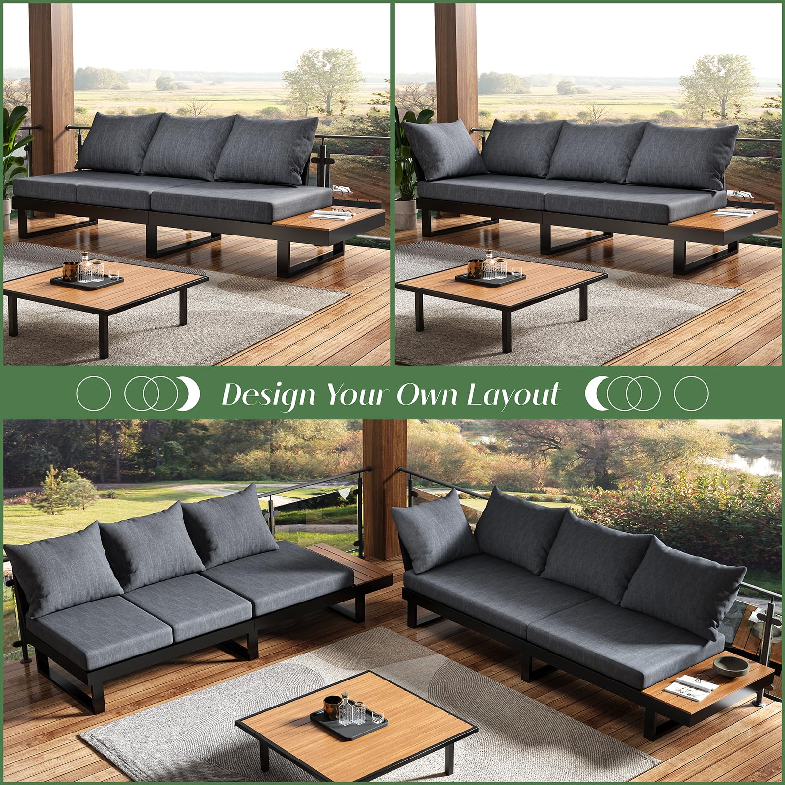 LUXOAK 3-Piece Patio Furniture Sets, Outdoor Aluminum Furniture Sofa, with Wood Side Table & Washable Cushions(Adjustable Backrest)