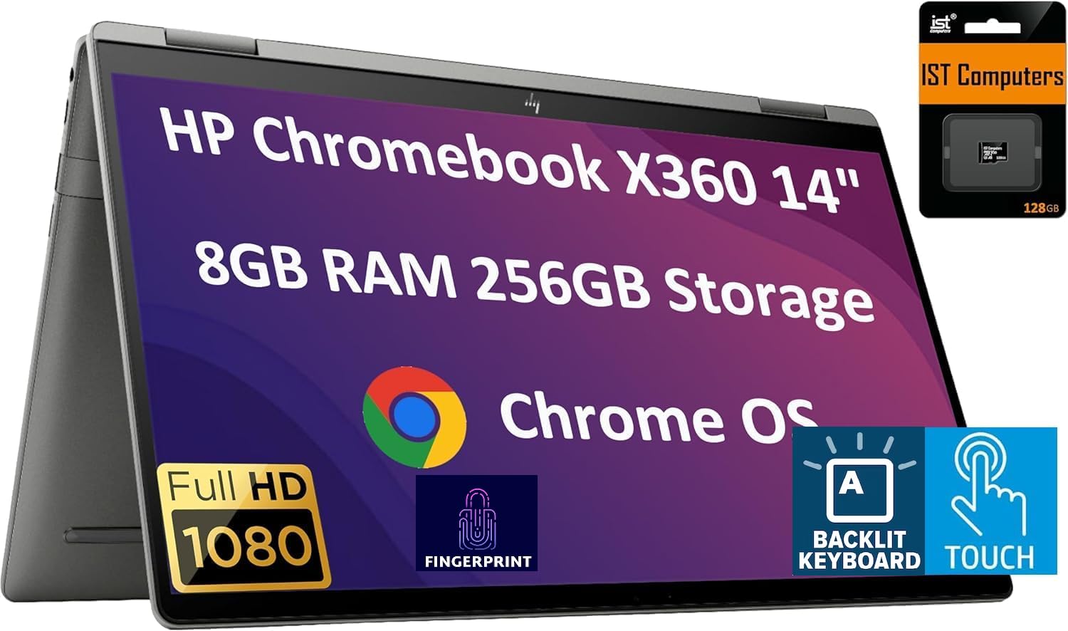 HP Chromebook x360 14c 2-in-1 Laptop (14" FHD Touchscreen, Intel i3-1115G4, 8GB RAM, 256GB (128GB SSD + 128GB SD Card)) Backlit KB, Fingerprint, Webcam, IST Card, Chrome OS, Student & Home, Silver