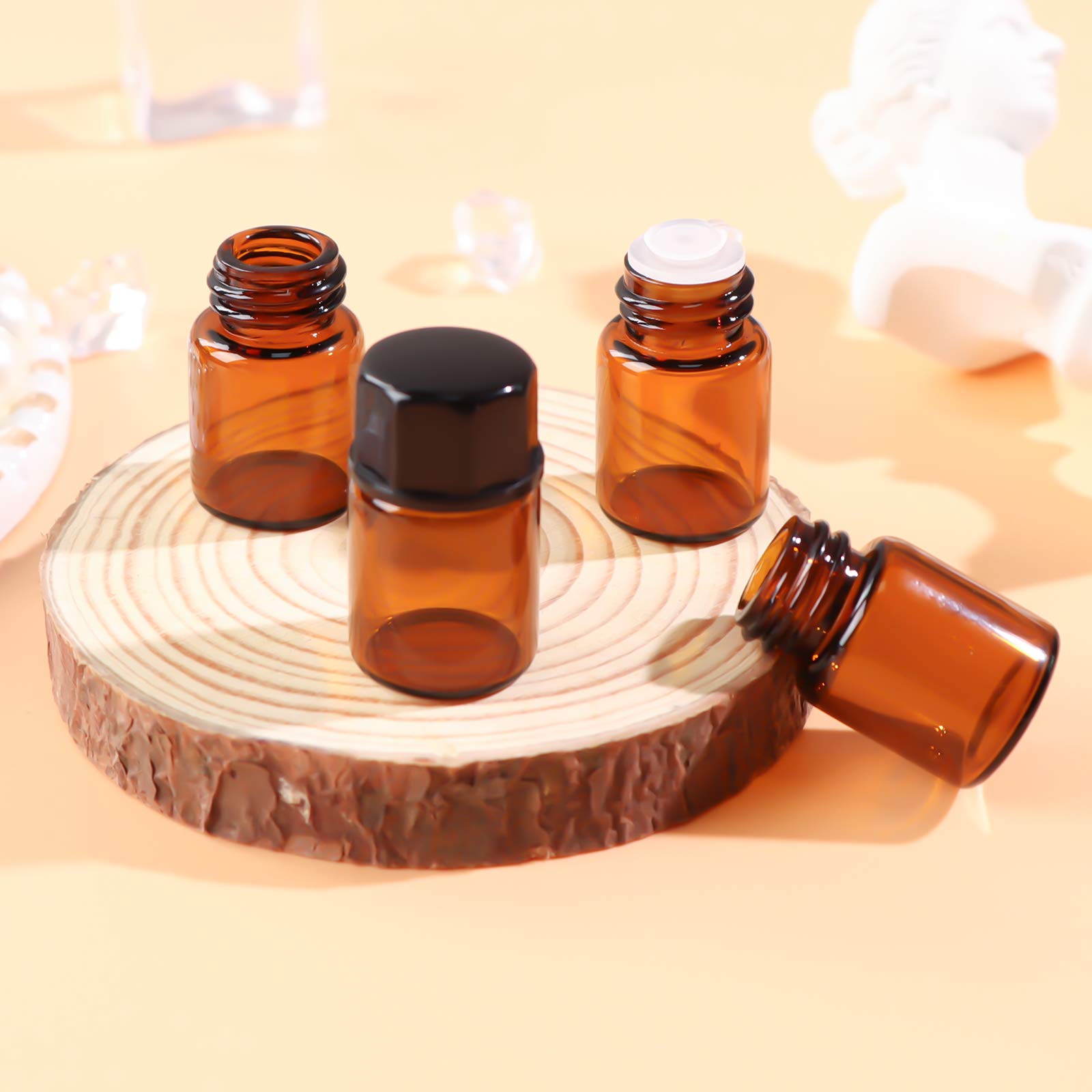 HWASHIN 100 Pack 2ml (5/8 Dram) Amber Mini Glass Essential Oils Sample Bottles with Black Caps for Essential Oils, Perfumes & Lab Chemicals (30ml Measuring Cup and 5 Droppers Included)