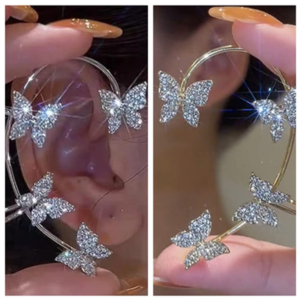 Jumwrit Rhinestone Butterfly Ear Cuffs Non Piercing Ear Clips Ear Cuffs Climber Crawler Earrings Ear Wrap Around Earrings for Women and Girls(Gold)