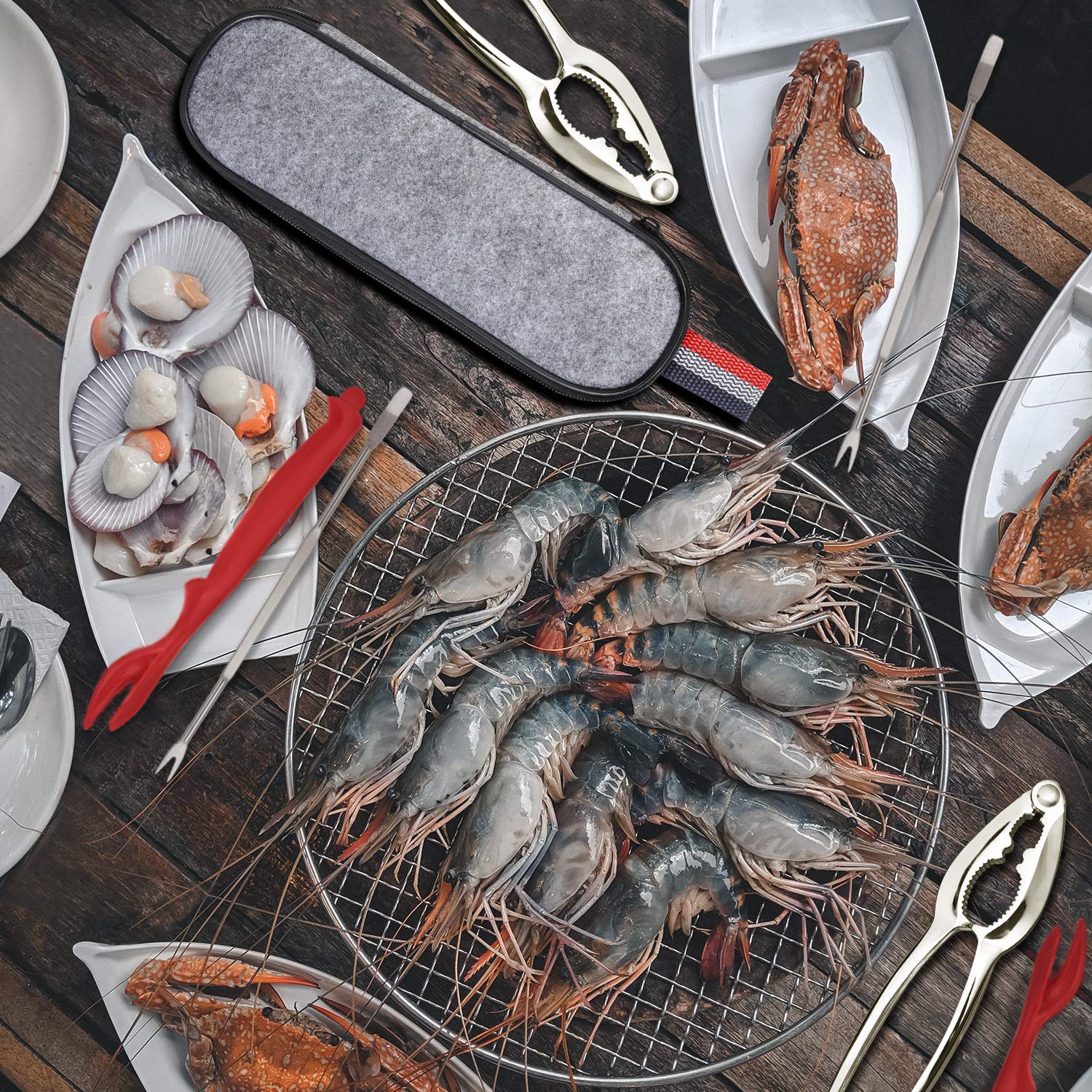Hiware 13-piece Crab & Lobster Crackers and Tools Set Includes 4 Crab Leg Crackers, 4 Lobster Shellers, 4 Crab Forks/Picks and 1 Portable Bag - Dishwasher Safe