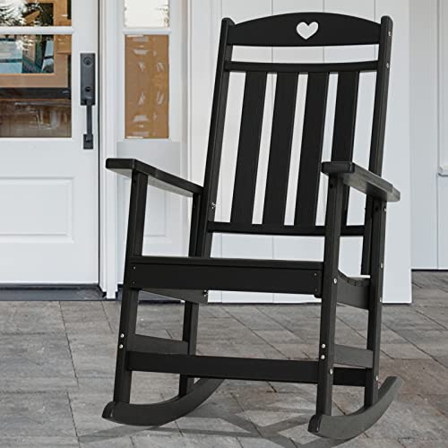 letsdate Love High Back Plastic Rocking Chairs Outdoor & Indoor | Oversized HDPE Rocker Chairs | Easy to Assemble | Max Weight 500lbs | for Lawn, Porch, Patio, Backyard, Fire Pit, Garden (Black)