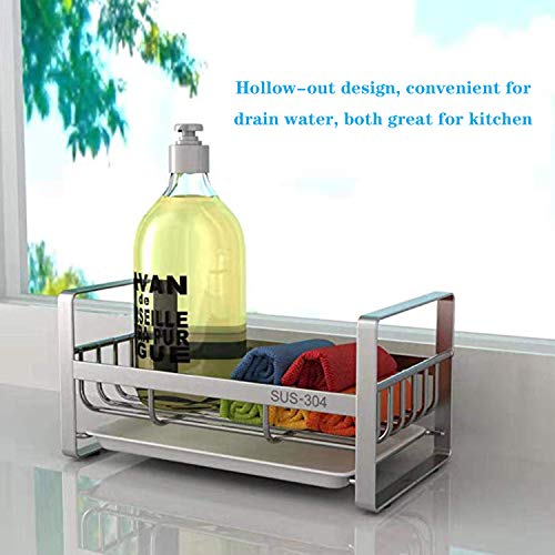 JiangWaveT Sponge Holder,SUS304 Stainless Steel Rust Proof Soap Holder for Kitchen Sink,Kitchen Sink Organizer, Sink Caddy, Sink Tray Drainer Rack with Removable Tray,Silver