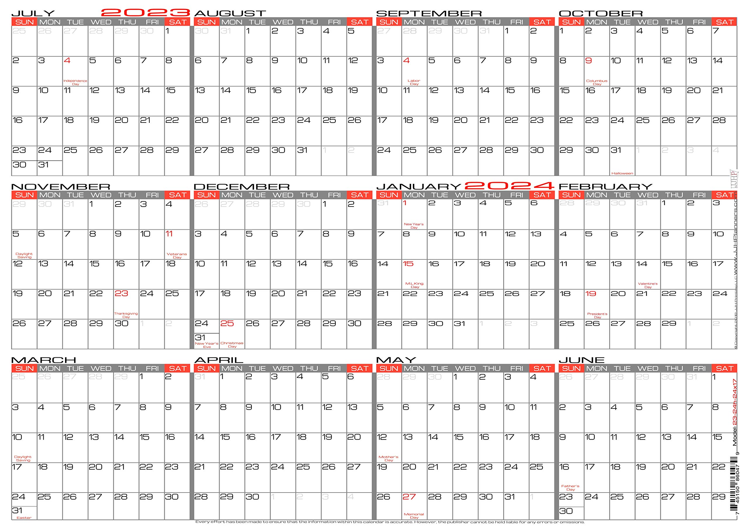 JJH Planners - Laminated - 24" X 17" Medium Academic 2023-2024 Wall Calendar - Horizontal 12 Month Yearly Annual Planner (23-24h-24x17)