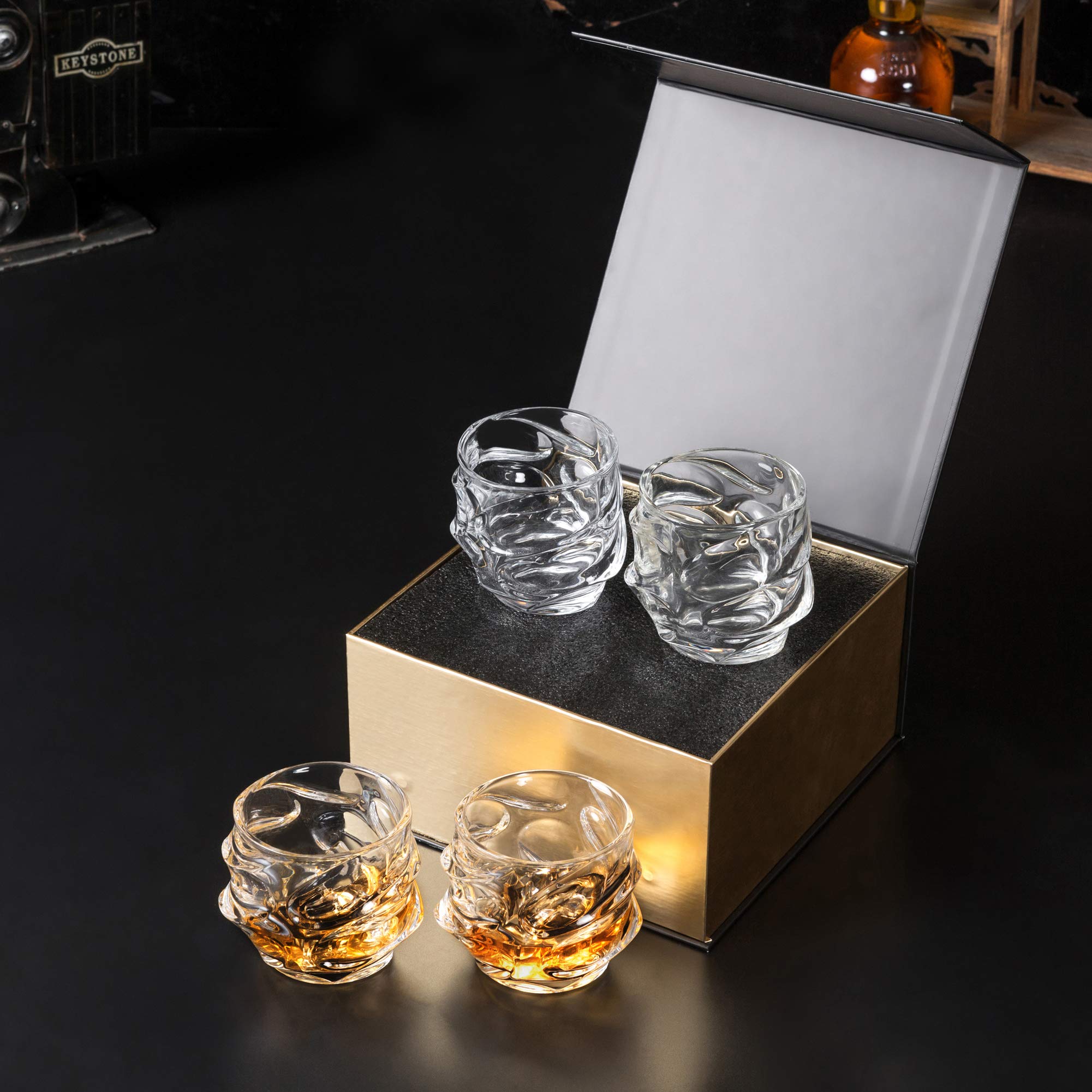 KANARS Old Fashioned Whiskey Glasses 11 Oz - Emperor Rocks Glasses Set of 4 for Bourbon Cocktail Scotch Snifter Malt Cognac - Heavy Crystal Bar Glassware - Unique Men Gift