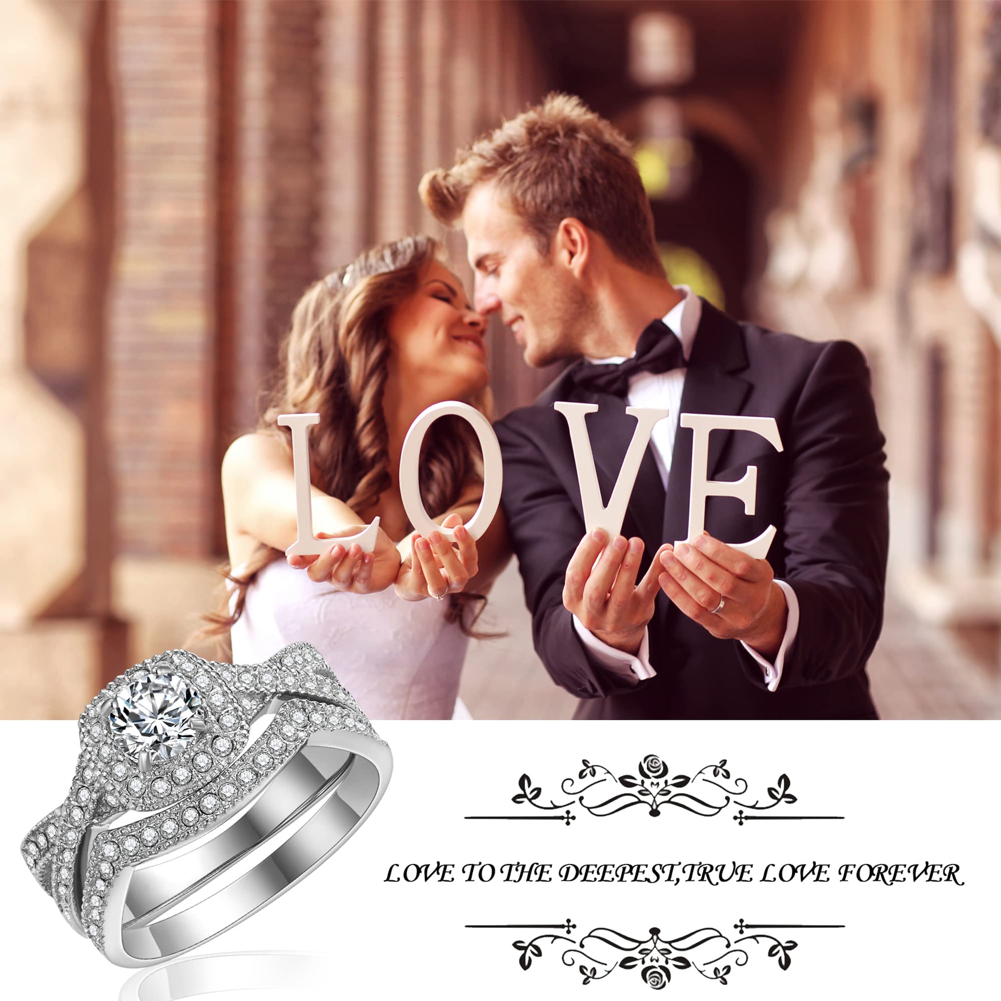 Loyufevr Stainless Steel Wedding Engagement Eternity Women Ring Sets Infinity Round CZ Halo Bridal Size 9, White, (KH_368_70)