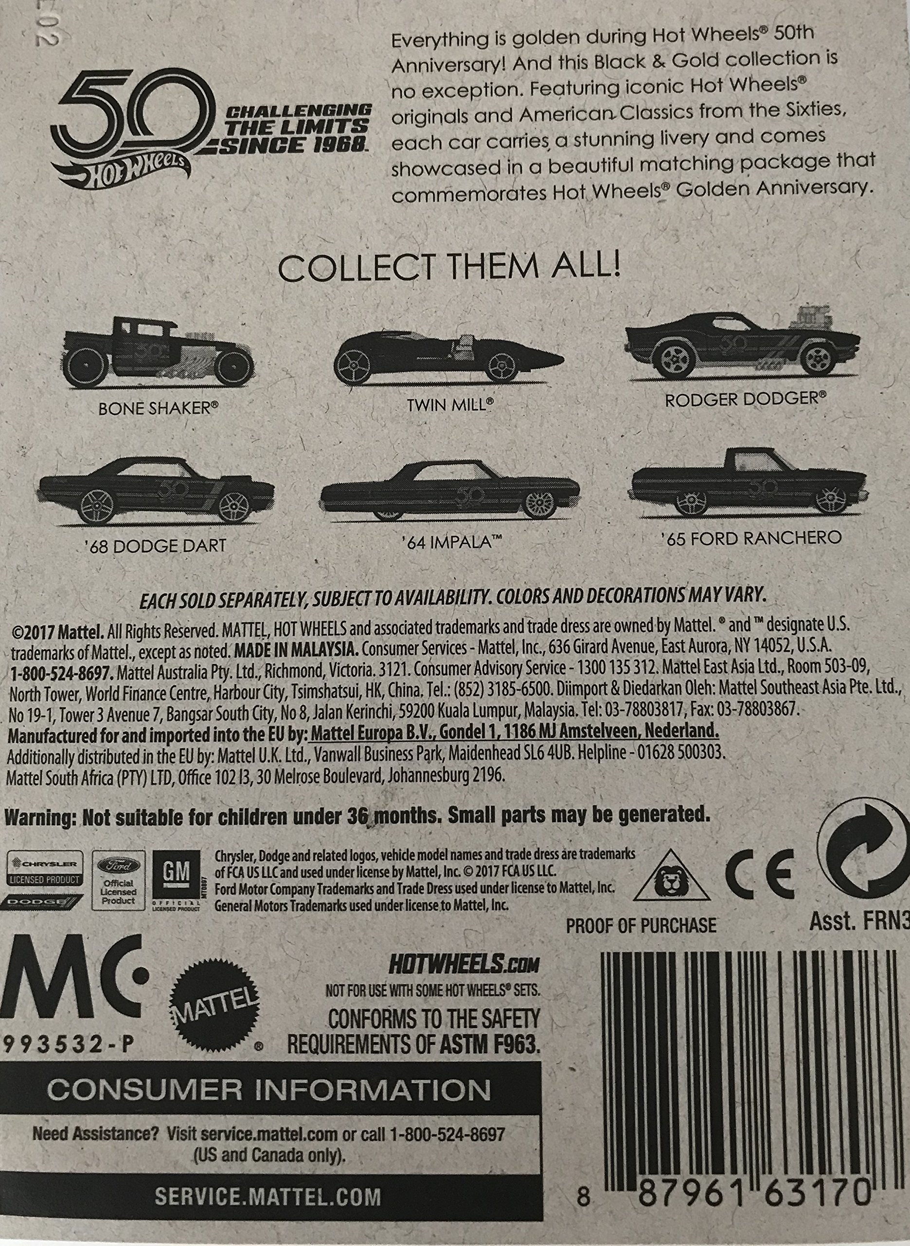 Hot Wheels 2018 50th Anniversary Black & Gold Series 1/64 Scale Diecast Model Car ('64 Impala 5/6)
