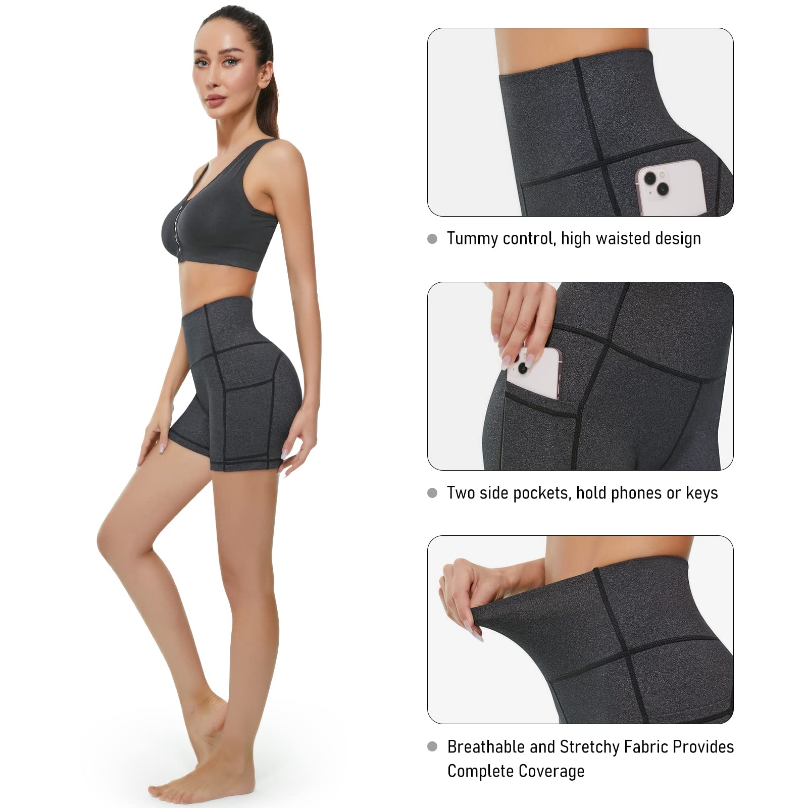 KKB Women's 8''/5'' High Waist Active Wear Shorts Yoga Leggings, Tummy Control Workout Shorts Side Pockets Running Pants (Medium, 8"-Charcoal)