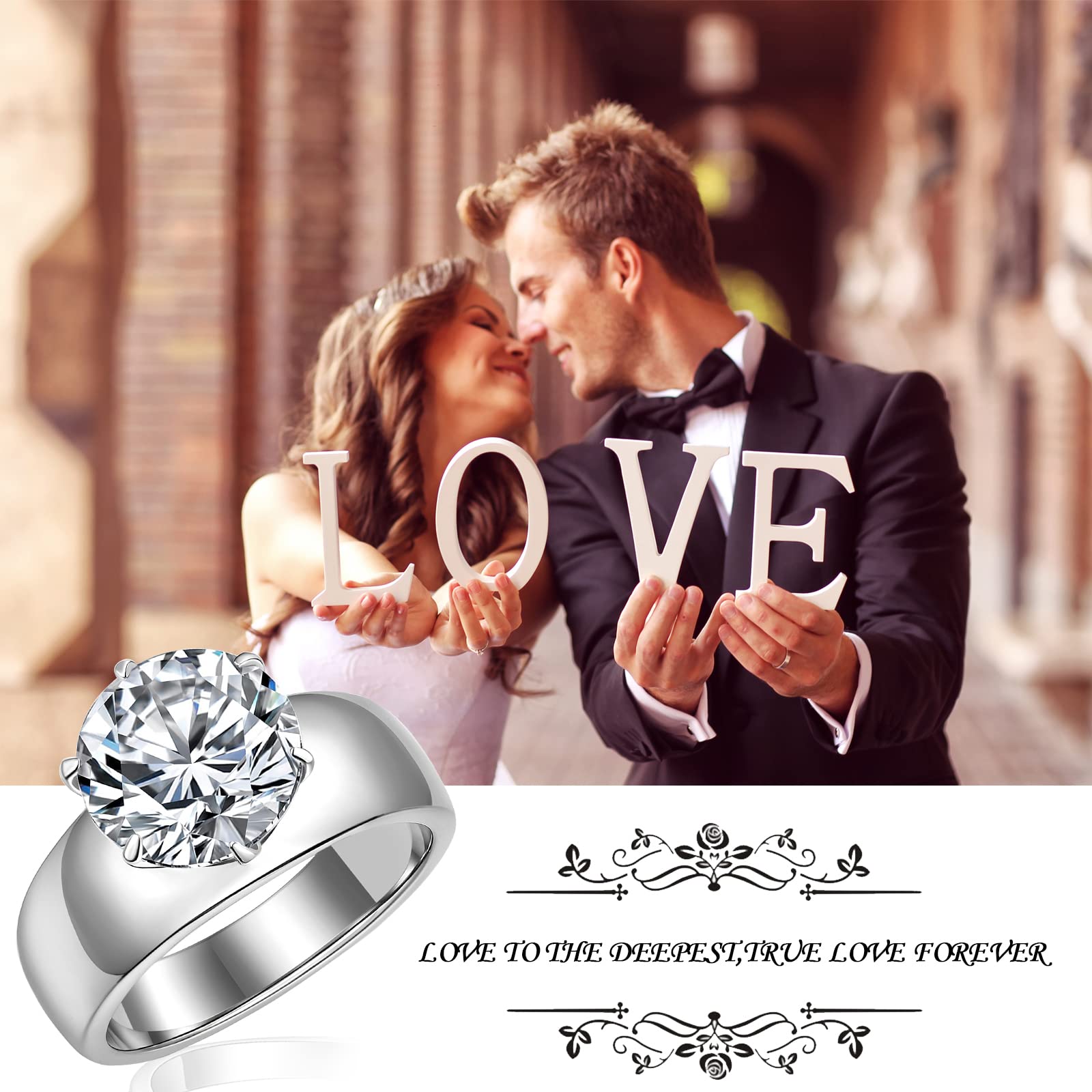 Loyufevr Stainless Steel Wedding Engagement 4 Carat Round CZ Women Wedding Solitaire Promise Bridal Ring (7) White