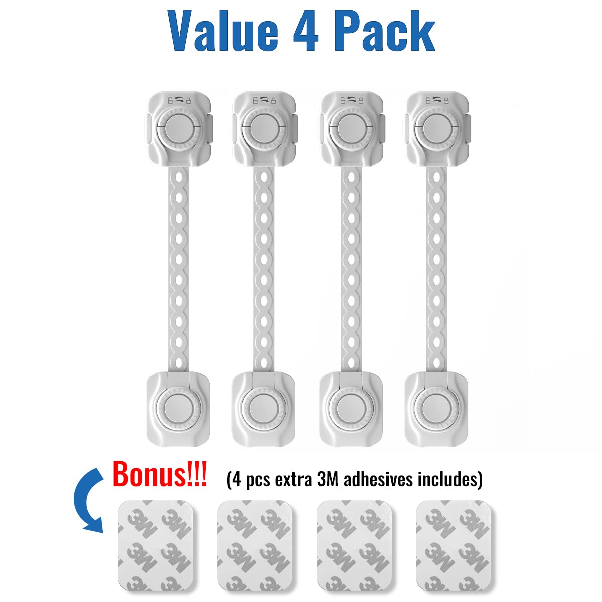 JOINPRO 6 Pack Safety Child Locks for Cabinets & Drawers, Fridge, Toilet, Latches, Baby Proofing Strap Locks with 6 Extra 3M Adhesives; Triple Lock Protection (Easy Installation, No Drilling Required)